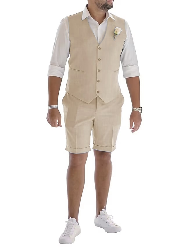 Men's Linen Suits Wedding Shorts Waistcoat Beach Summer Solid Formal ...