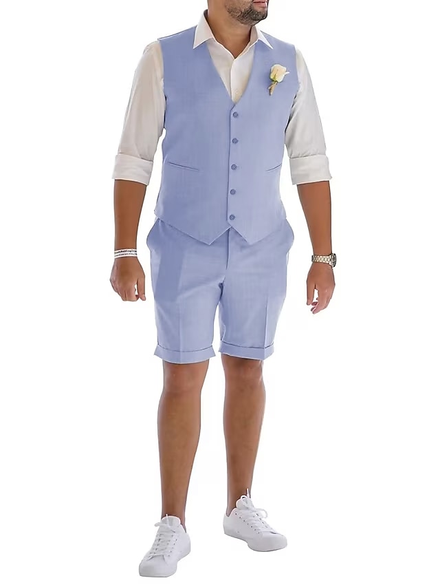Men's Linen Suits Wedding Shorts Waistcoat Beach Summer Solid Formal ...