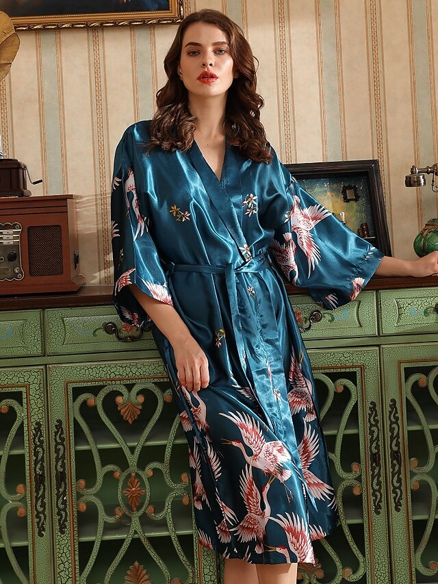 Ladies Sexy Spring Summer Imitation Silk Crane Pajamas Home Nightgown ...