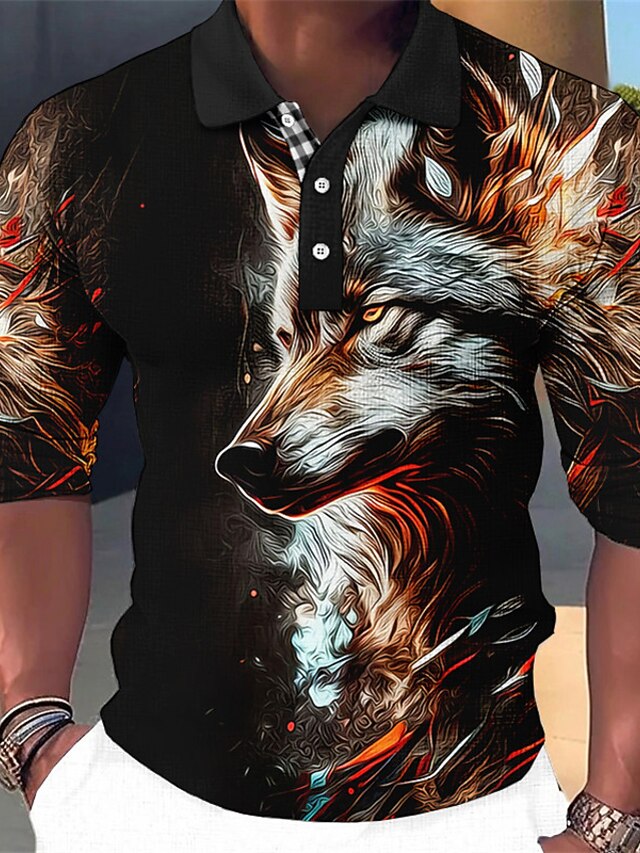 Men's Wolf Polo Shirts Golf Shirt Long Sleeve Polo Shirts Collared ...