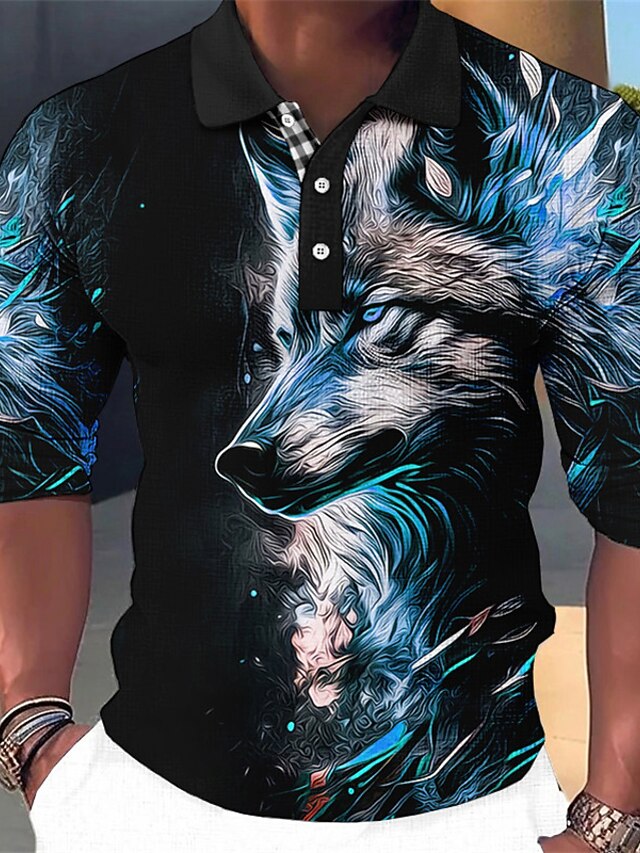 Men's Wolf Polo Shirts Golf Shirt Long Sleeve Polo Shirts Collared ...