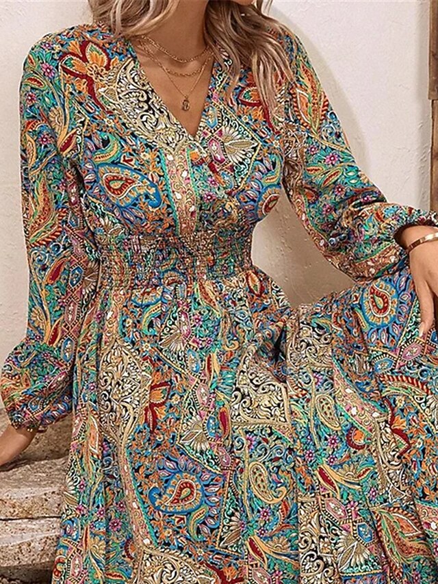 Women's Paisley Dress Swing Dress Floral Paisley Print Split V Neck ...