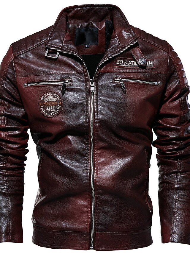 Men's Faux Leather Jacket Motorcycle Jacket Daily Wear Warm Faux Fur ...