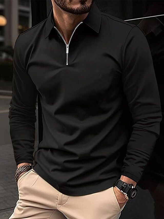 Men's Zip Polo Polo Shirt Outdoor Casual Lapel Quarter Zip Long Sleeve ...