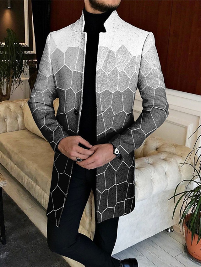 Men's Color Block Geometry Argyle Winter Coat Overcoat Coat Warm ...