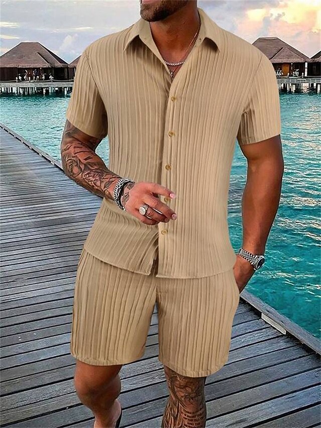 Men's 2 Piece Summer Shirt Matching Sets Beach Wear Casual Shirt Button ...