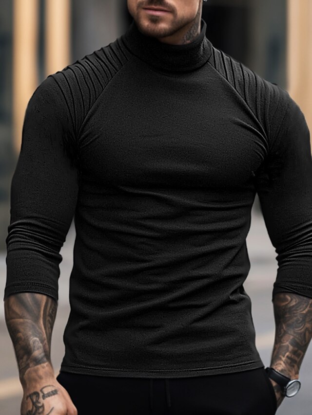 Men's T Shirt Tee Top Long Sleeve Turtleneck Summer Plain Slim Pleated Fashion Designer Basic ...