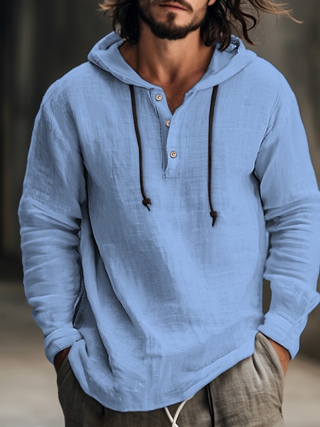 Men's Shirt Linen Shirt Hooded Shirt White Blue Brown Long Sleeve ...