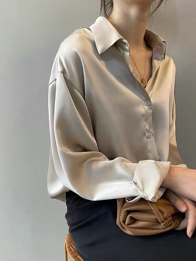 Women's Satin Elegant Dressy Shirt Blouse Women's Black White Green ...