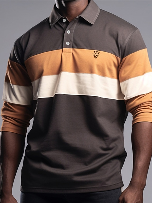Men's Stripe Rugby Polo Golf Polos Shirts Long Sleeve Polo Shirts ...