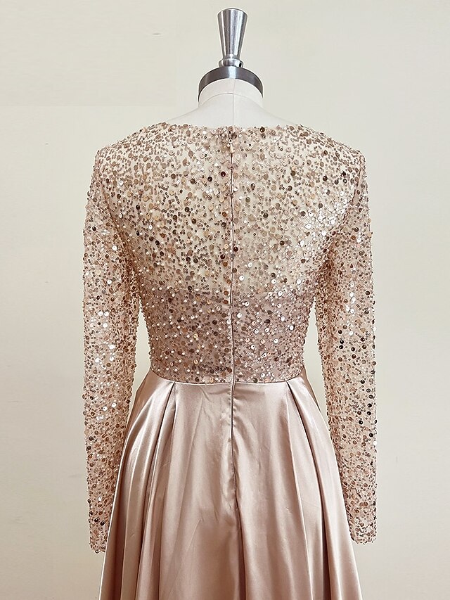 Mermaid Sequin Evening Gown Ruched Champagne Satin Dress Long Sleeves ...