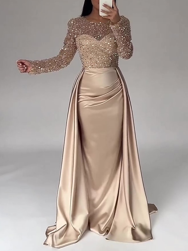Mermaid Sequin Evening Gown Ruched Champagne Satin Dress Long Sleeves ...