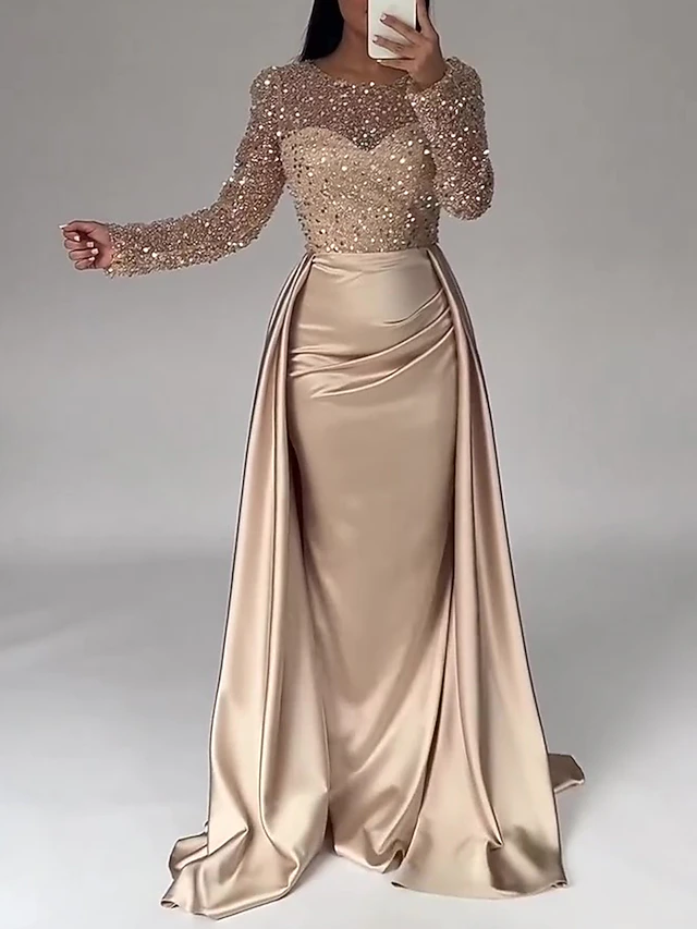 Mermaid Sequin Evening Gown Ruched Champagne Satin Dress Long Sleeves ...