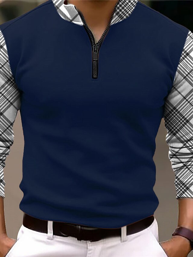 Men's Plaid Zip Polo Golf Polos Shirts Long Sleeve Polo Shirts Zip ...