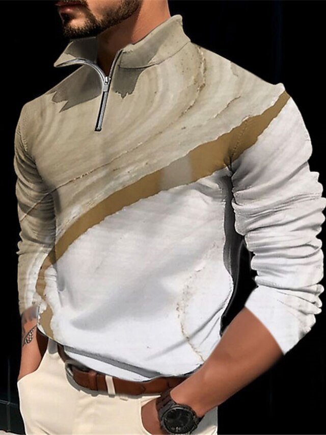 Gradient Marble Casual Men's 3D Print Zip Polo Golf Polo Outdoor Casual ...