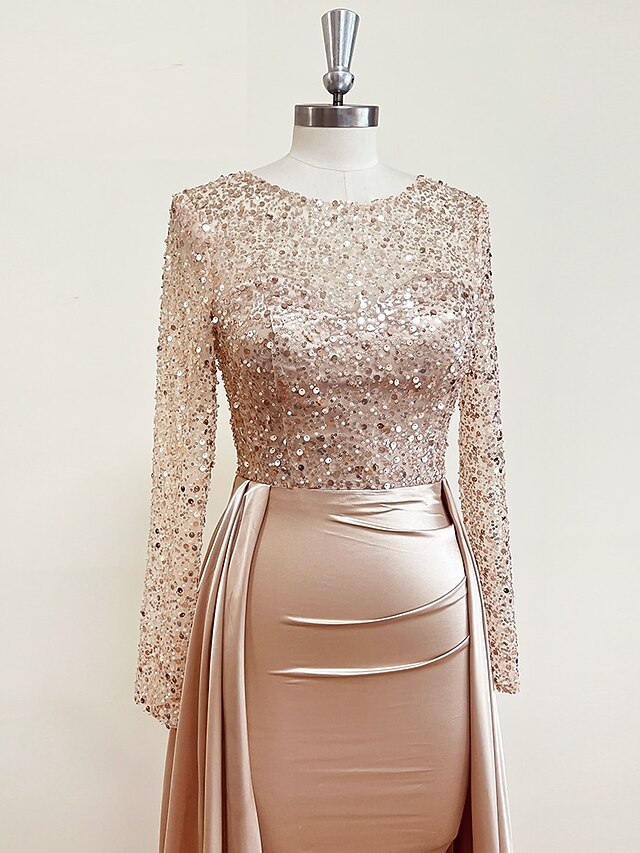 Mermaid Sequin Evening Gown Ruched Champagne Satin Dress Long Sleeves ...