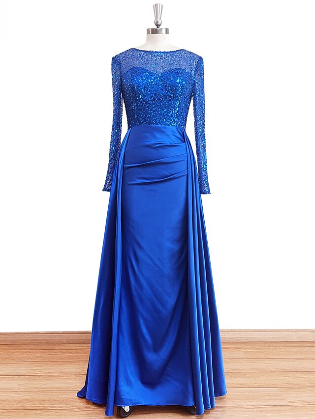 Mermaid Sequin Evening Gown Ruched Champagne Satin Dress Long Sleeves ...