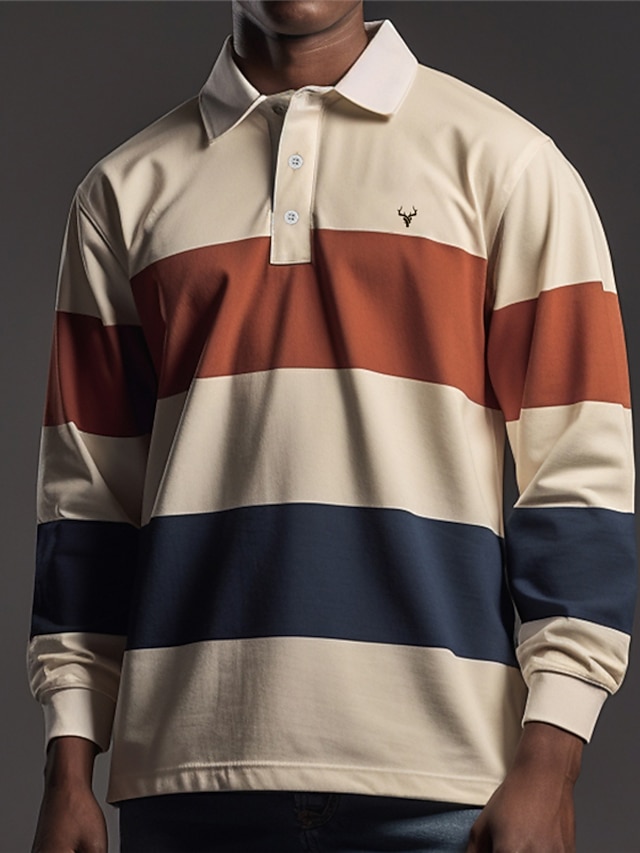 Men's Stripe Rugby Polo Golf Polos Shirts Long Sleeve Polo Shirts ...