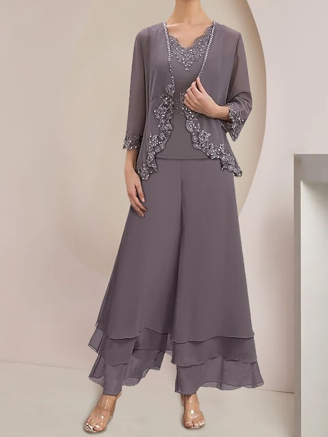 Jumpsuits Mother of the Bride Dress Wedding Guest Elegant V Neck Ankle ...