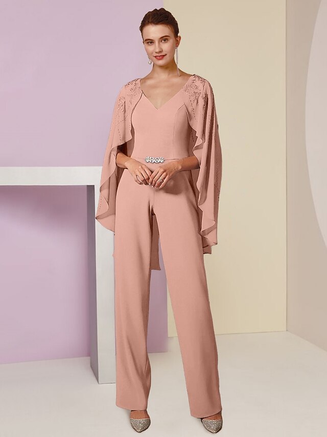 Jumpsuits Mother of the Bride Dress Wedding Guest Elegant V Neck Ankle ...