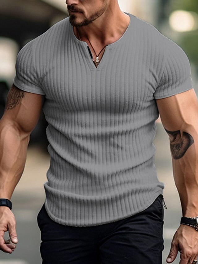 Men's T Shirt Muscle Shirt Ribbed Knit tee Tee Top Short Sleeves V Neck ...