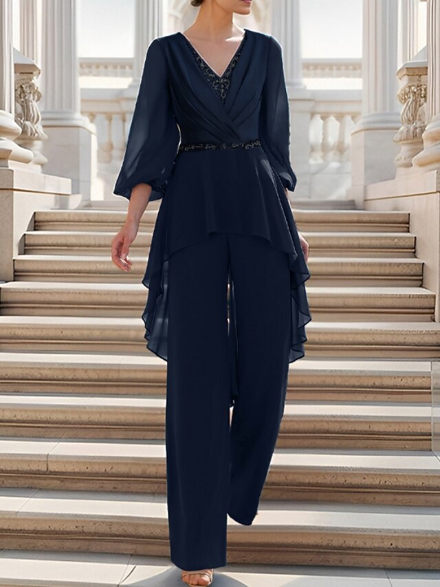 Jumpsuits Mother of the Bride Dress Wedding Guest Elegant V Neck Ankle ...