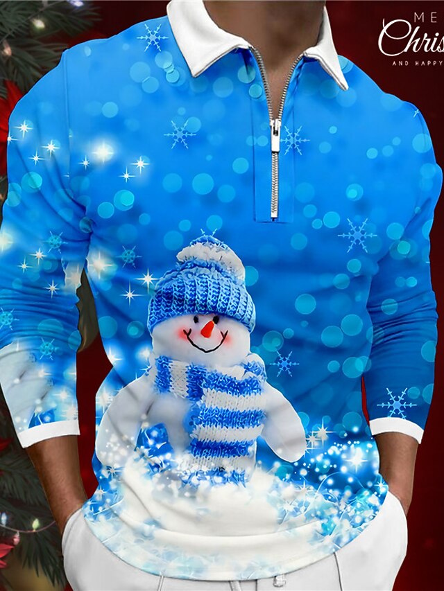Snowman Casual Men's 3D Print Zip Polo Golf Polo Outdoor Casual Daily ...