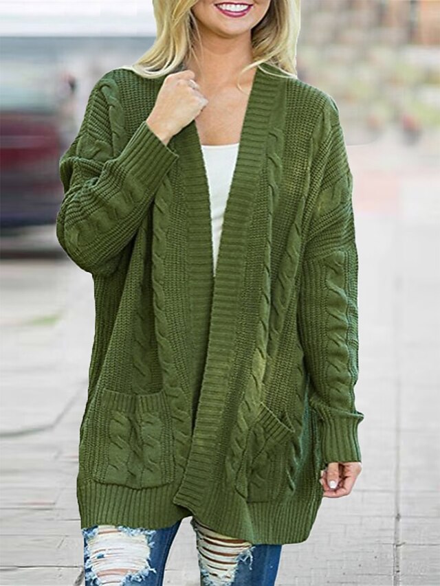 Women's Cardigan Sweater Open Front Cable Knit Woolen Pocket Fall ...