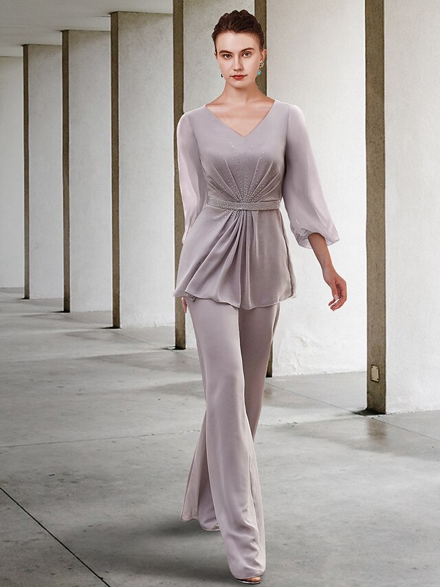 Jumpsuits Mother of the Bride Dress Wedding Guest Elegant V Neck Ankle ...