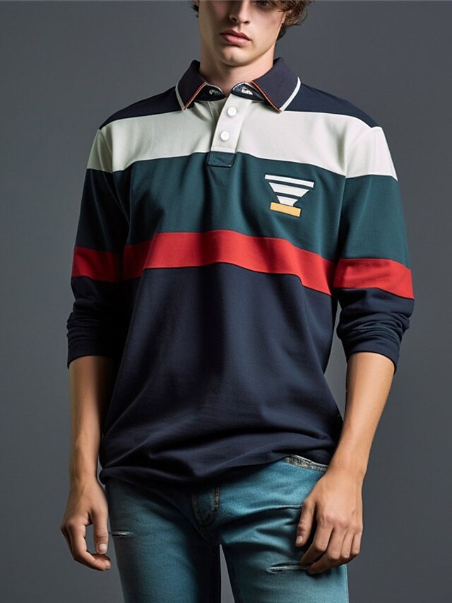 Men's Stripe Rugby Polo Long Sleeve Polo Shirts Zip Casual Outdoor ...