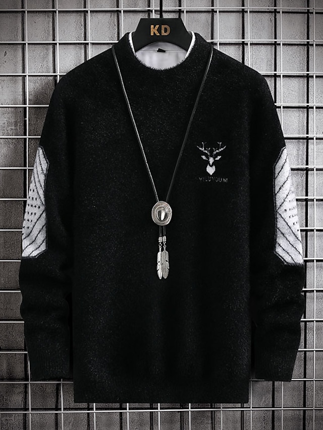 Men's Pullover Sweater Jumper Ribbed Knit Regular Knitted Graphic Crew ...