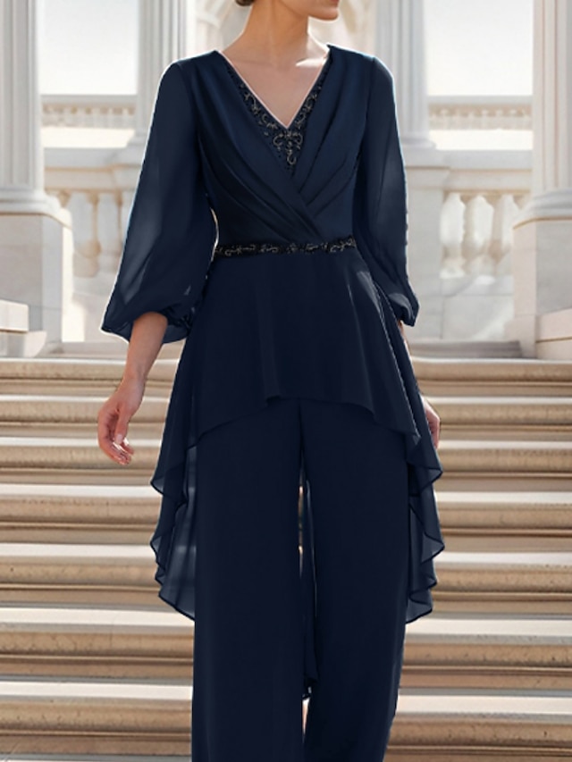 Jumpsuits Mother of the Bride Dress Wedding Guest Elegant V Neck Ankle ...