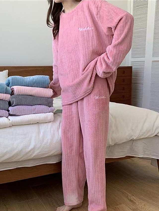Women's Fleece Pajamas Sets Fluffy Fuzzy Letter Plush Casual Comfort ...