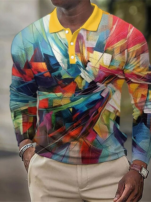 Color Block Colorful Abstract Men's 3D Print Waffle Polo Shirt Golf ...