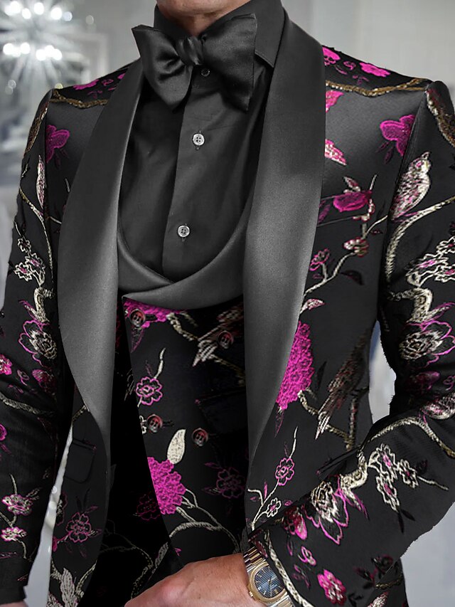 Men's Wedding Tuxedos Party Black+beige Navy Blue Jacquard Slim Fit 3 ...