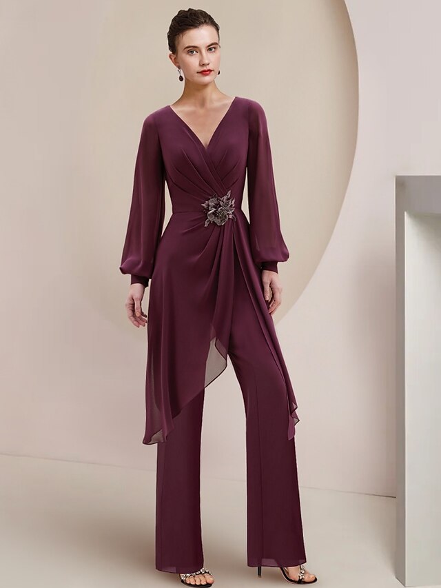 Jumpsuit / Pantsuit Mother of the Bride Dress Wedding Guest Elegant V ...