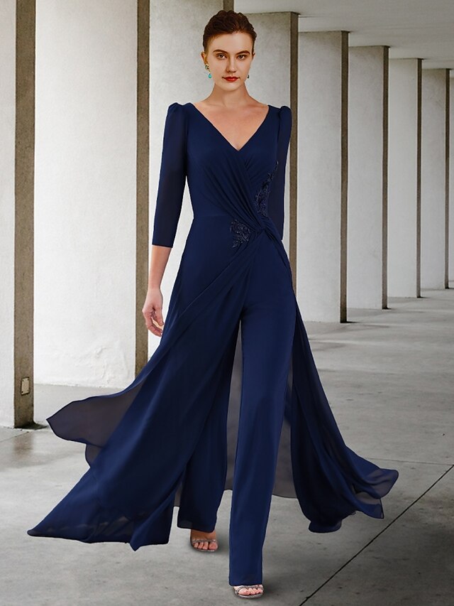 Jumpsuit / Pantsuit Mother of the Bride Dress Wedding Guest Elegant V ...