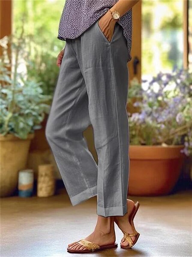 Women's Cotton Blend Wide Leg Summer Pants Cropped Pants Fashion ...