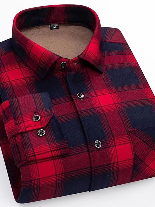 Men's Shacket Dark Red Yellow Red Long Sleeve Plaid / Striped / Chevron ...