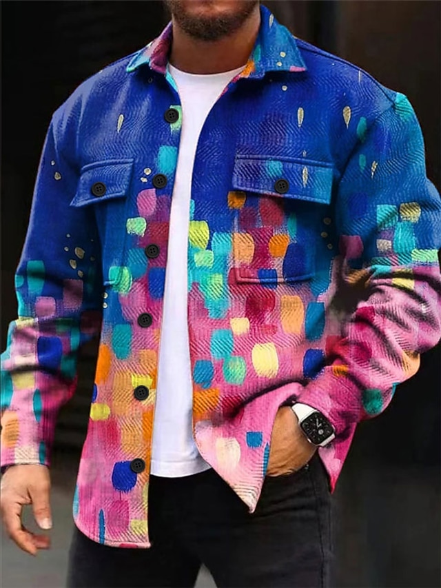 Men's Ombre Color Block Geometric Pattern Shirt Shirt Jacket Overshirt ...