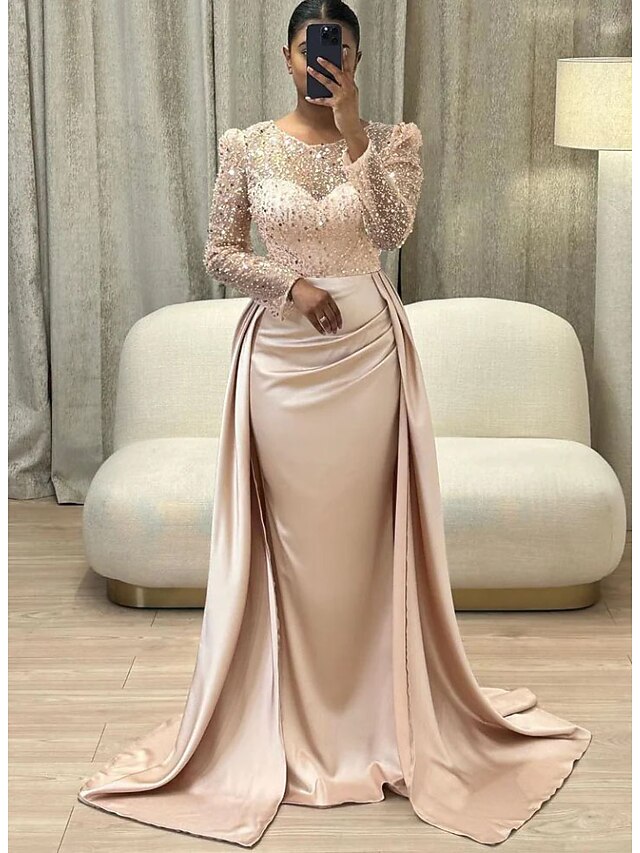 Mermaid Sequin Evening Gown Ruched Champagne Satin Dress Long Sleeves ...