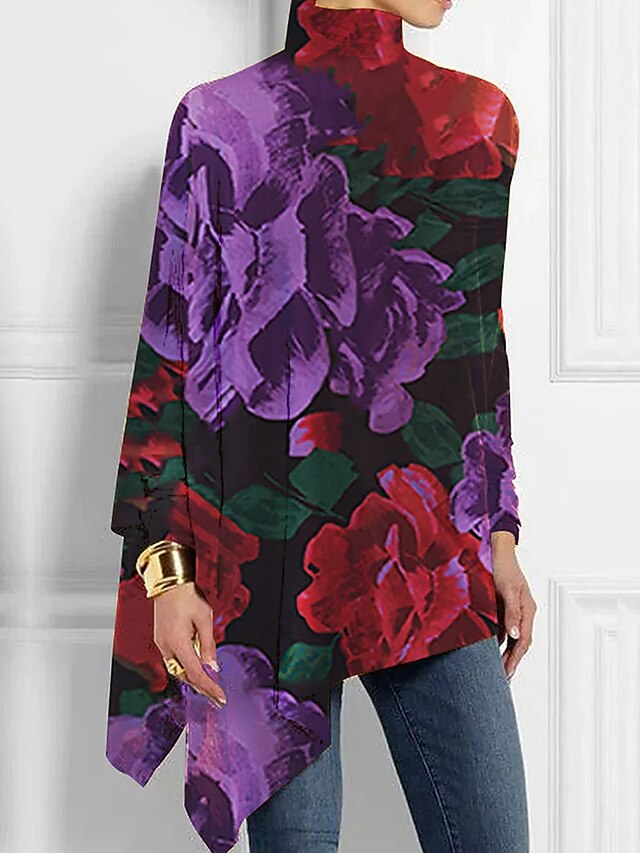 Women's T Shirt Floral Fashion Long Sleeve High Neck Long Tops Holiday ...