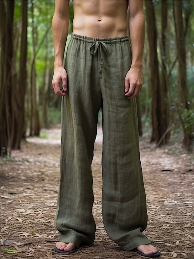 Men's Linen Pants Trousers Drawstring Elastic Waist Straight Leg Plain ...