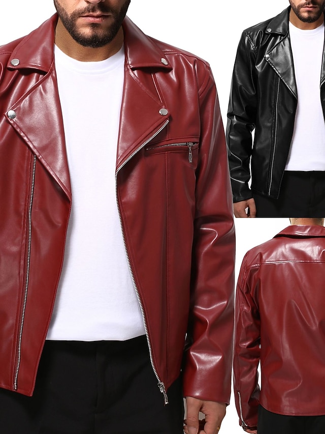 Men's Faux Leather Jacket Daily Wear Front Zip Fall & Winter Solid ...
