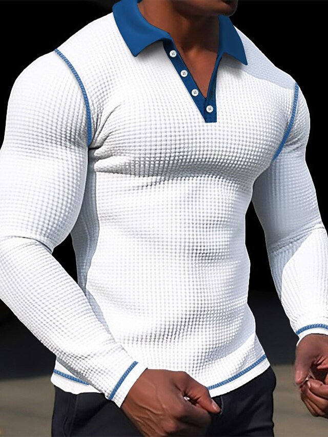 Men's Button Up Polos Polo Shirt Casual Sports Lapel Long Sleeve Fashion Basic Color Block ...