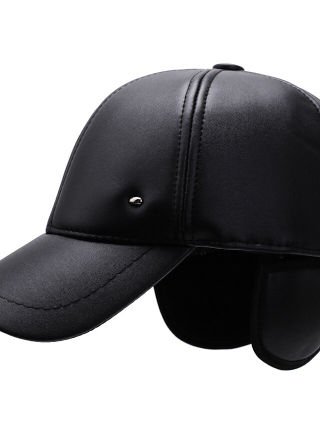 Men's Flat Cap Baseball Cap Winter Hats Earflap Hat Black PU Leather ...