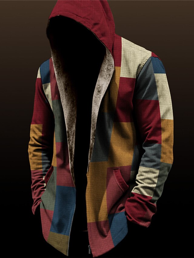 Men's Color Block Plaid / Check Winter Coat Fleece Jacket Coat Thermal ...