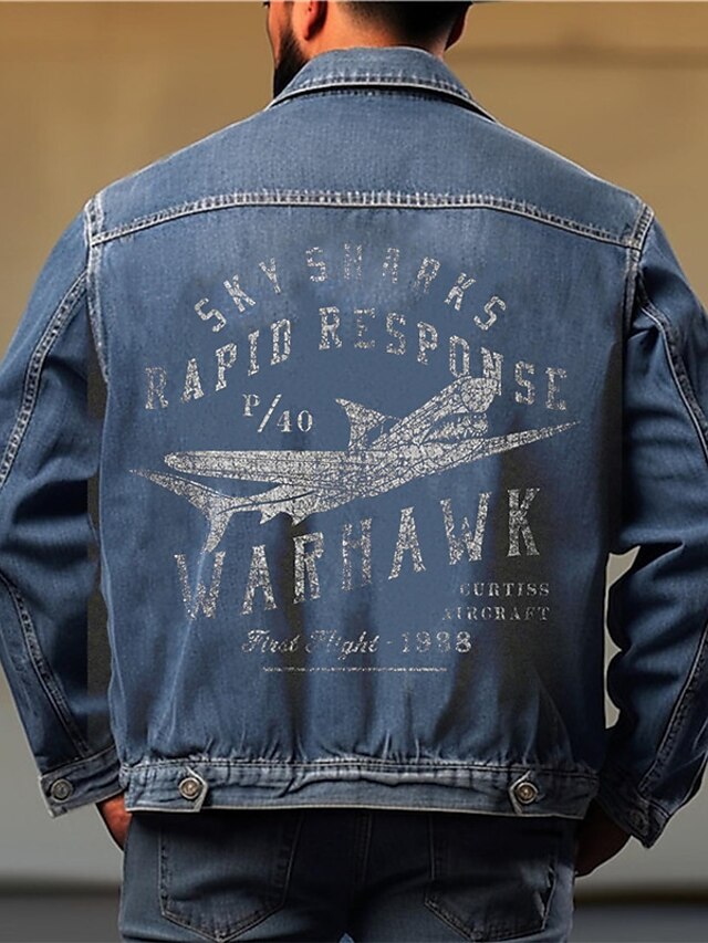 Men's Letter Airplane Coat Jean Jacket Denim Jacket Comfortable ...