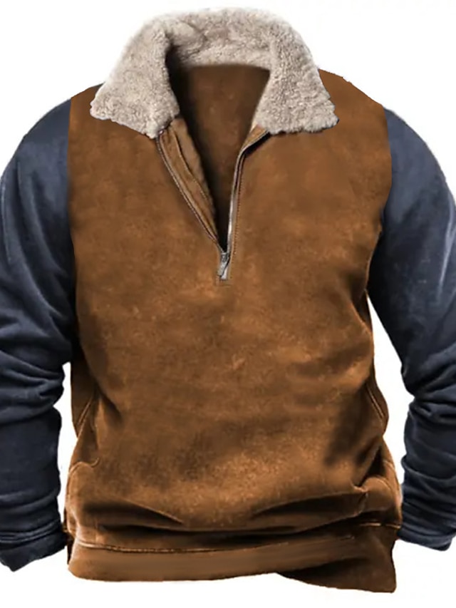 Homme Sweat Shirt Sweat Shirt Quart De Fermeture éclair Marron Demi