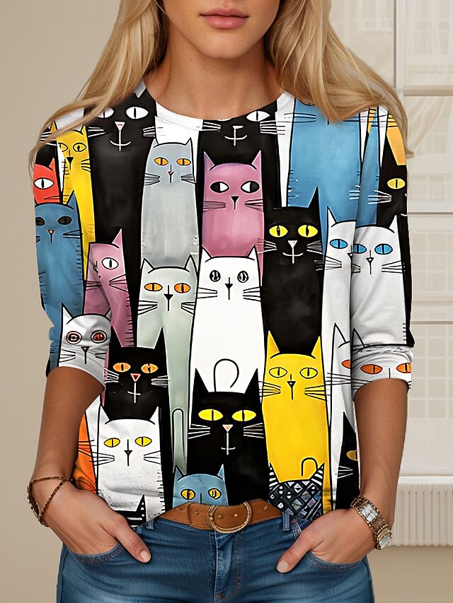 Women's T shirt Long Sleeve Crew Neck Long Sleeve Tunic Cat Print ...
